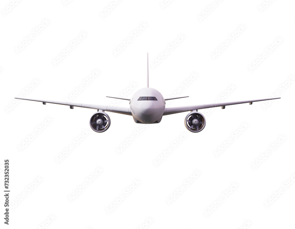 Front view of white commercial airplane on white, aviation and ...