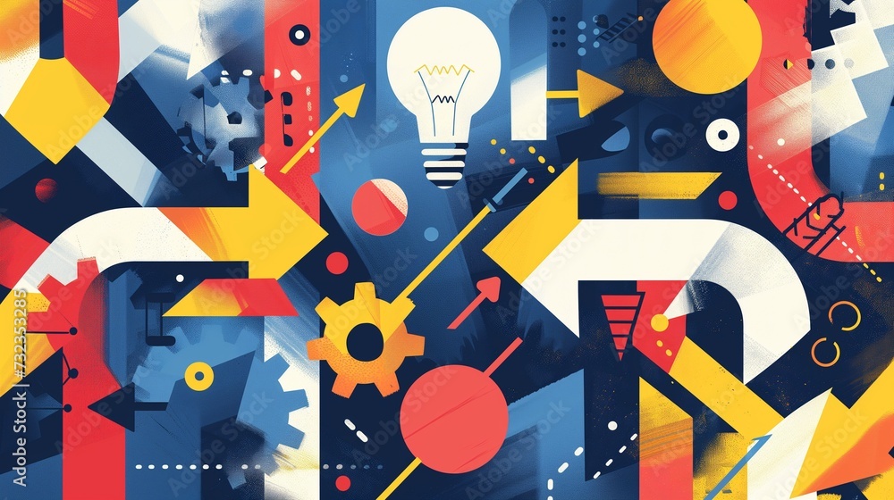 A dynamic array of arrows, gears and a glowing light bulb, symbolizing ...
