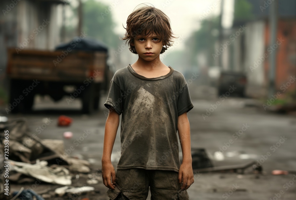 Innocent Little boy standing in poor neighborhood. Sad child living in ...