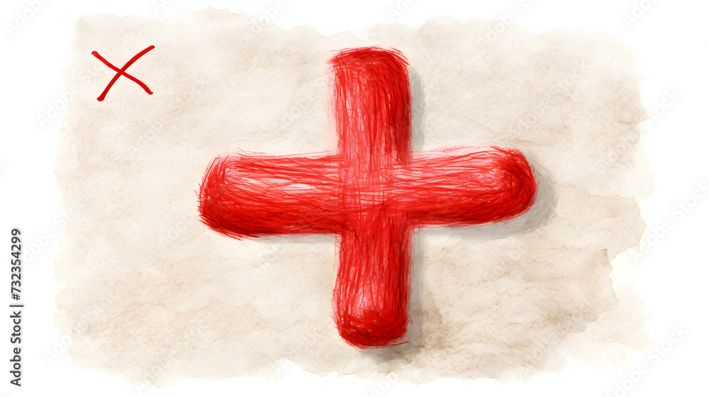 Red symbol plus in line art drawn with red crayon, isolated on white ...