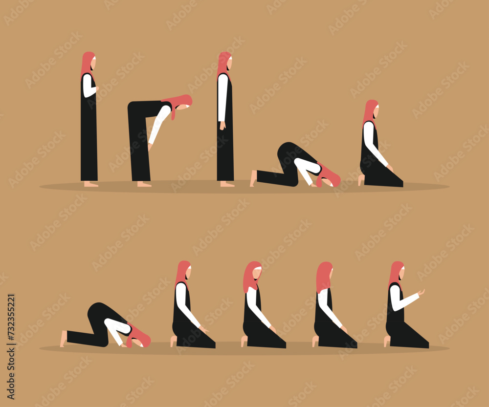 Set of Muslim Prayer Position Guide Step by Step Perform by a woman ...