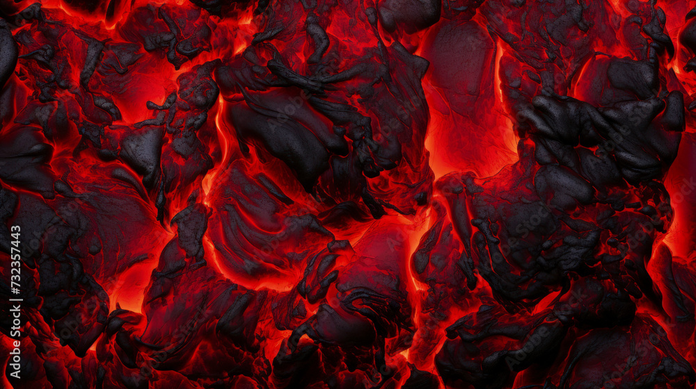 Stream of volcanic red cooling lava after volcanic eruption. In places ...