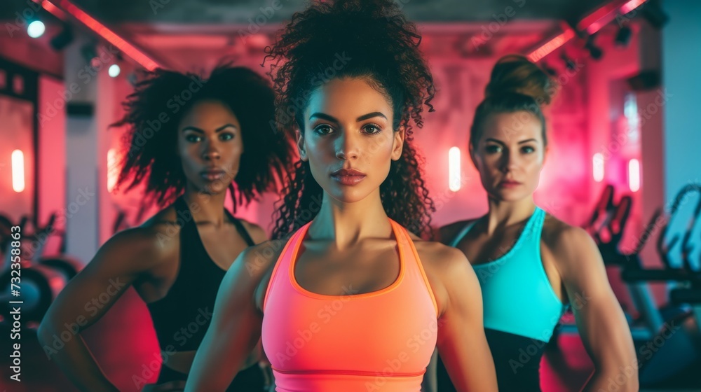 3 Sporty beautiful women fitness trainer smiling in the gym, doing ...