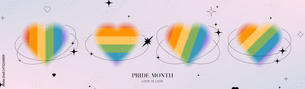 Set of trendy aesthetic hearts for Pride Month. Blurry gradient symbols ...