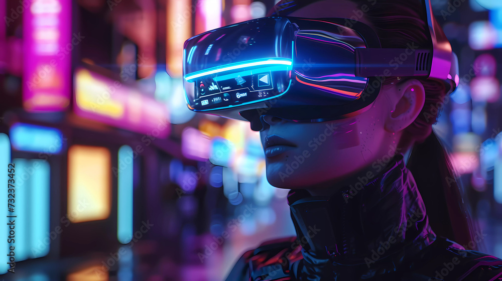 Beautiful women wearing Virtual Reality Headset in a Cyberpunk ...