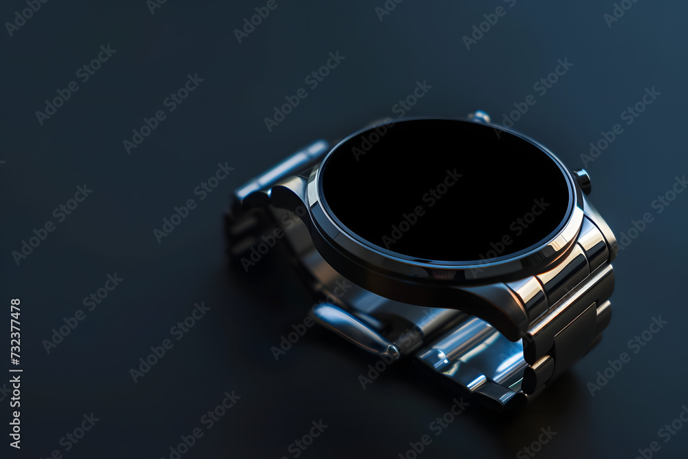 Beautiful smartwatch with blank black screen and metallic strap on dark ...