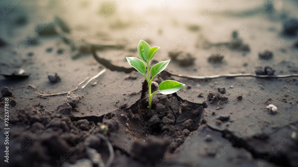 A resilient small plant emerges from cracked soil, embodying the ...