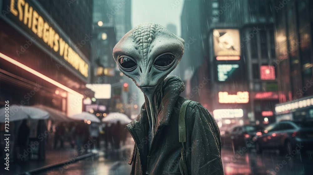 Spooky creepy green alien in human clothes on a city street. The ...