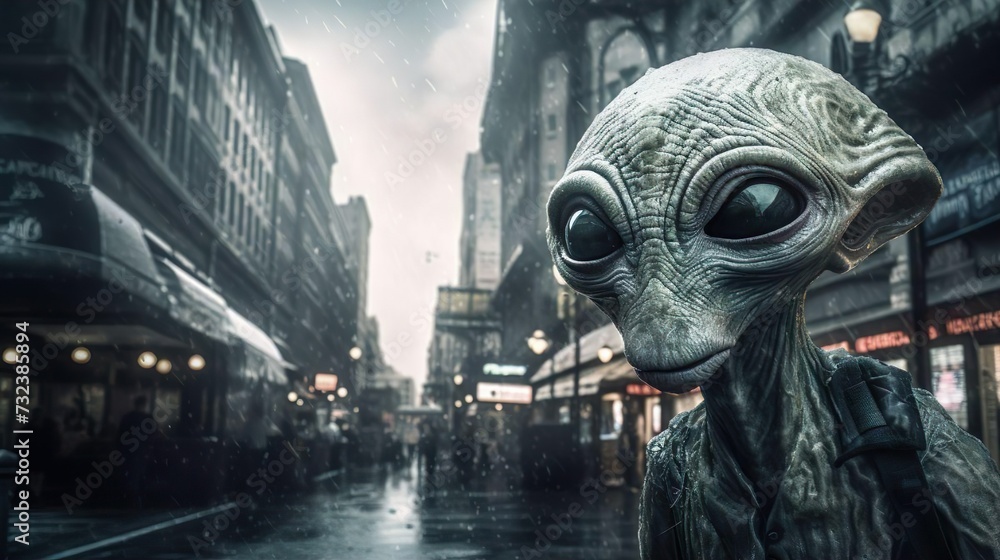 Spooky creepy green alien in human clothes on a city street. The ...