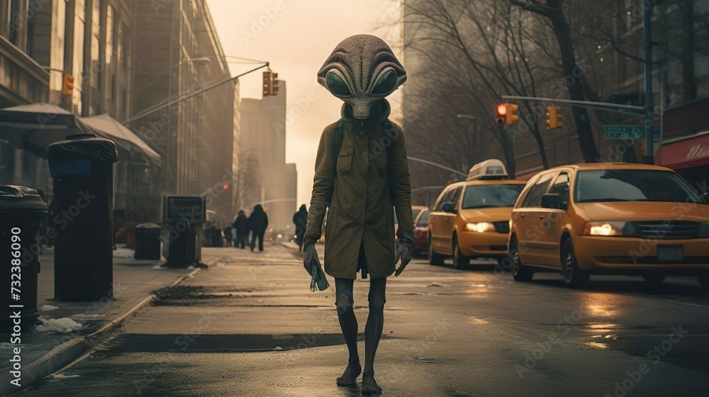Spooky creepy green alien in human clothes on a city street. The ...