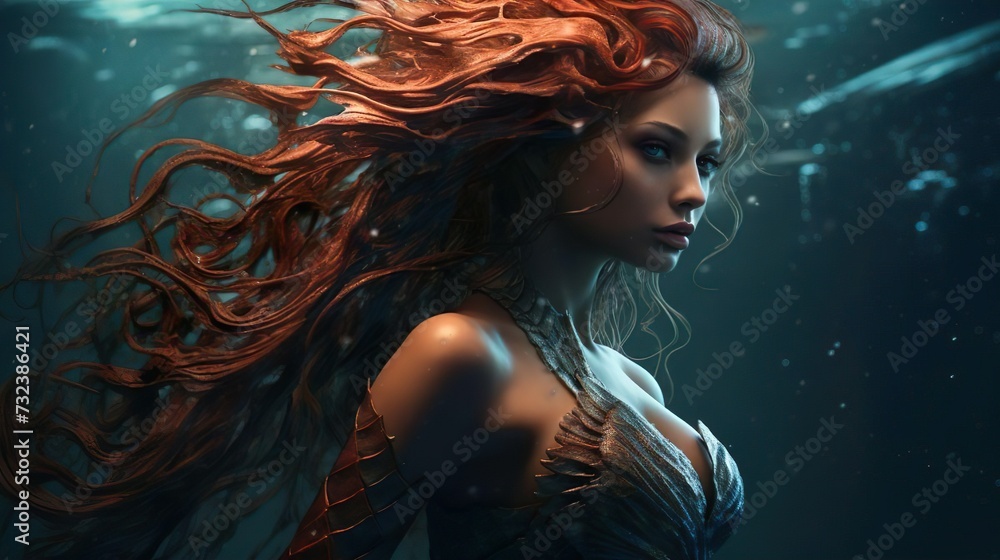 Beautiful mermaid siren of the sea with long curly hair. The mermaid ...