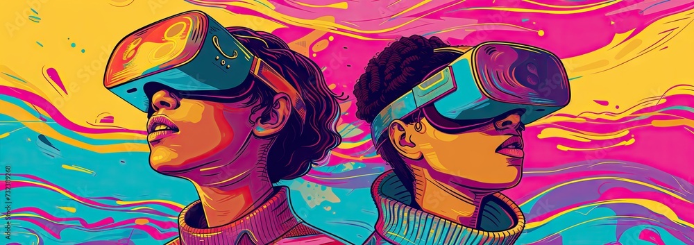 Imaginative illustration showcasing two characters donning VR headsets ...