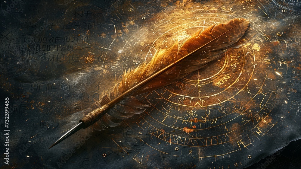 A detailed illustration of an old-fashioned quill pen writing cryptic ...