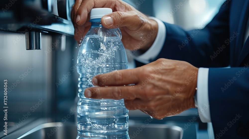 A person in professional attire is refilling a clear plastic water ...