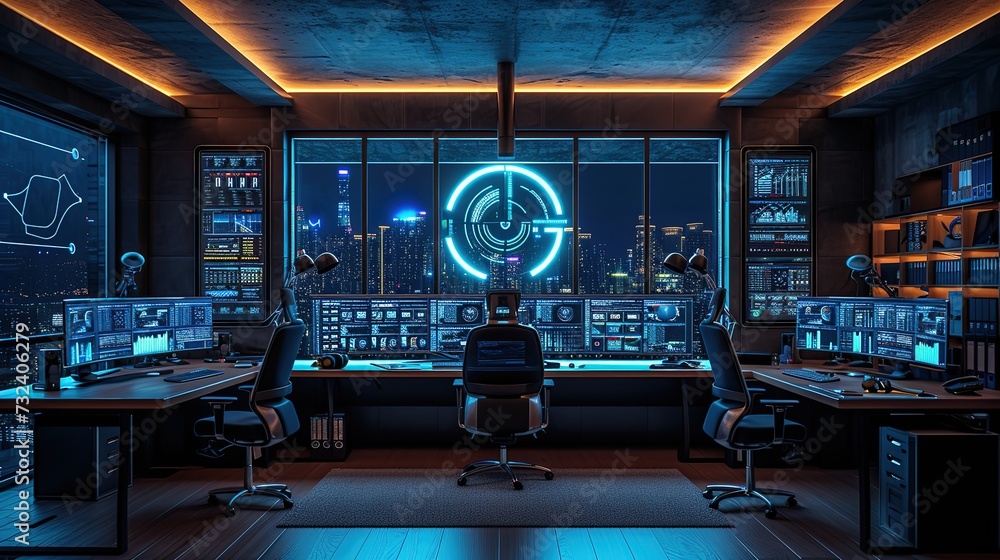 A High Tech Cybersecurity Command Center With Multiple Monitors Glowing Blue Neon Lights And A