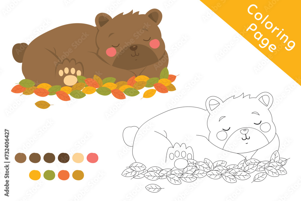 Brown grizzly bear sleeping on top of autumn leaves, black and white ...