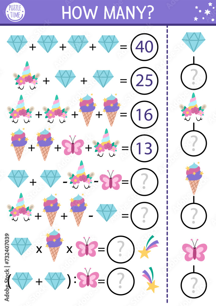 Fairytale how many crystals game, equation or rebus. Unicorn math ...