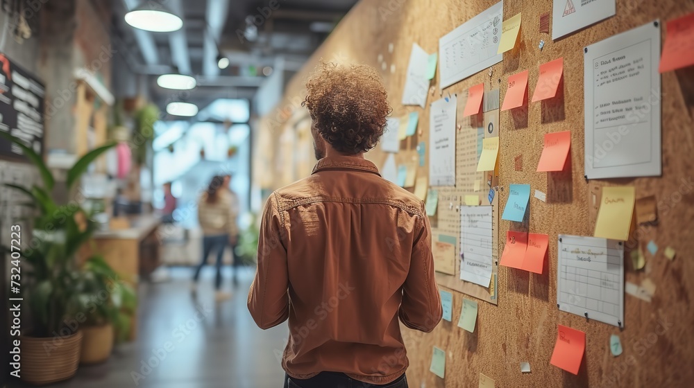 A focused individual is intently reviewing project timelines and tasks ...