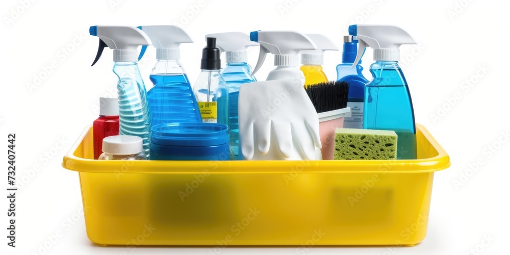 A yellow container filled with cleaning supplies. Perfect for ...