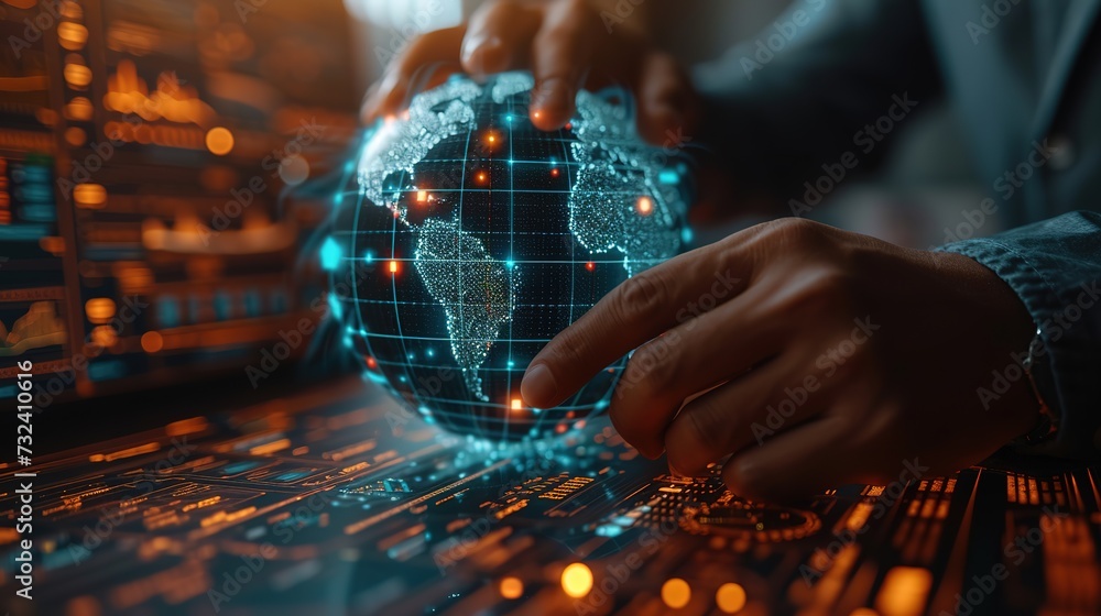 Hands interacting with a futuristic global network interface, highlighting connectivity and ...