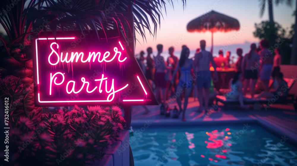 Summer party sign concept image with pool party with people in ...