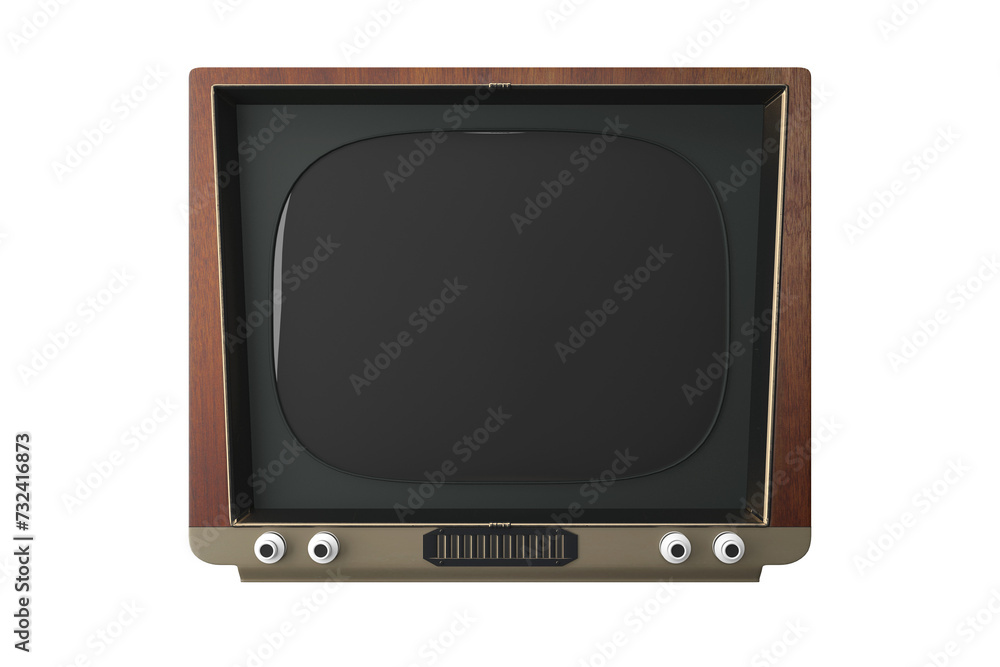Vintage television set, black screen, wooden casing, isolated on white ...