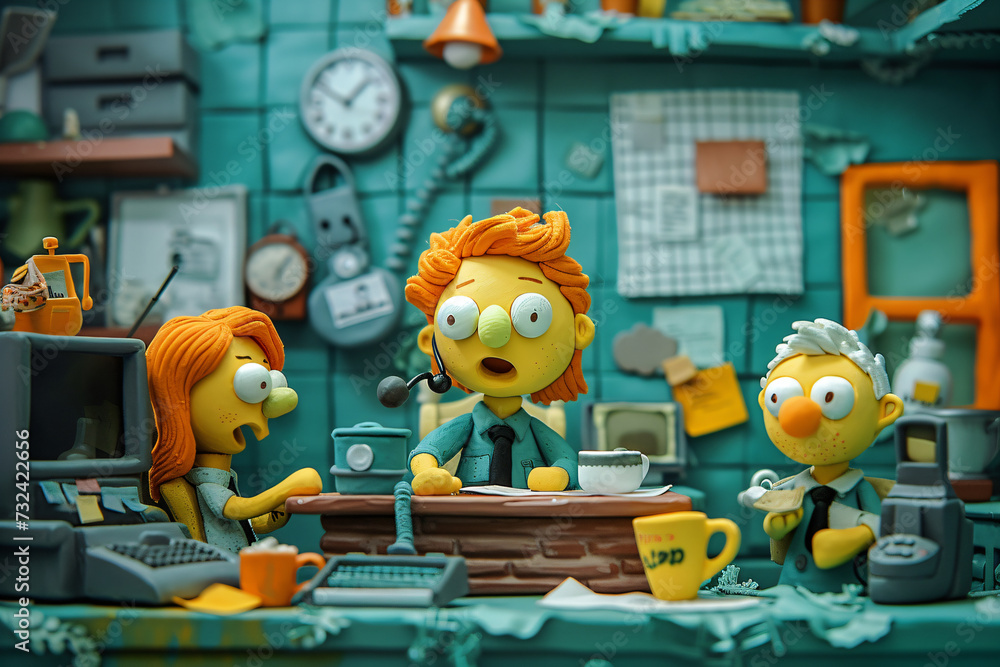 Animated clay characters in office setting. Detailed clay animation ...