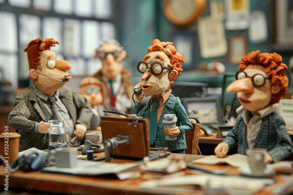 Clay figures in office attire engaging in work tasks. Handcrafted clay ...