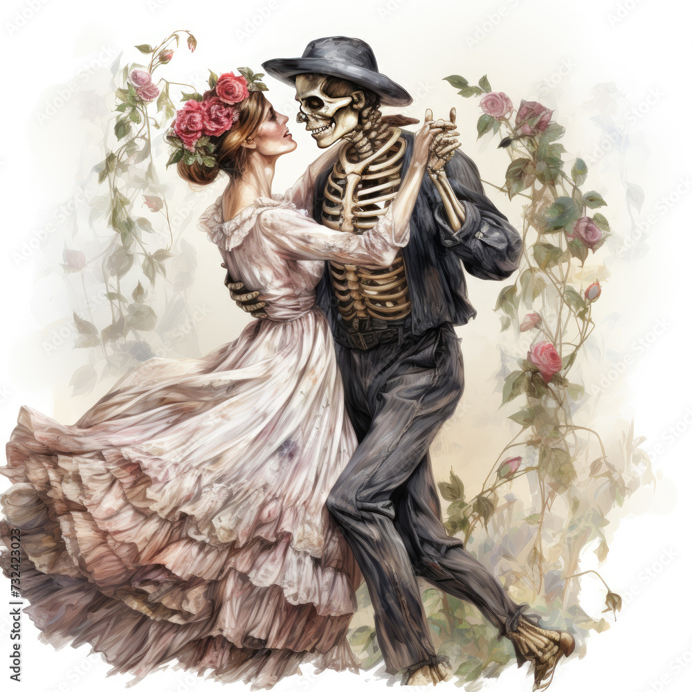 watercolor Skeleton dancing with his lover clipart, Generative Ai Stock ...