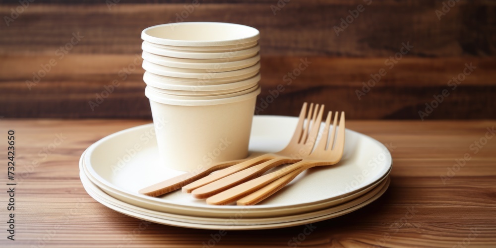 A stack of plates with forks and a cup. Perfect for use in restaurant ...