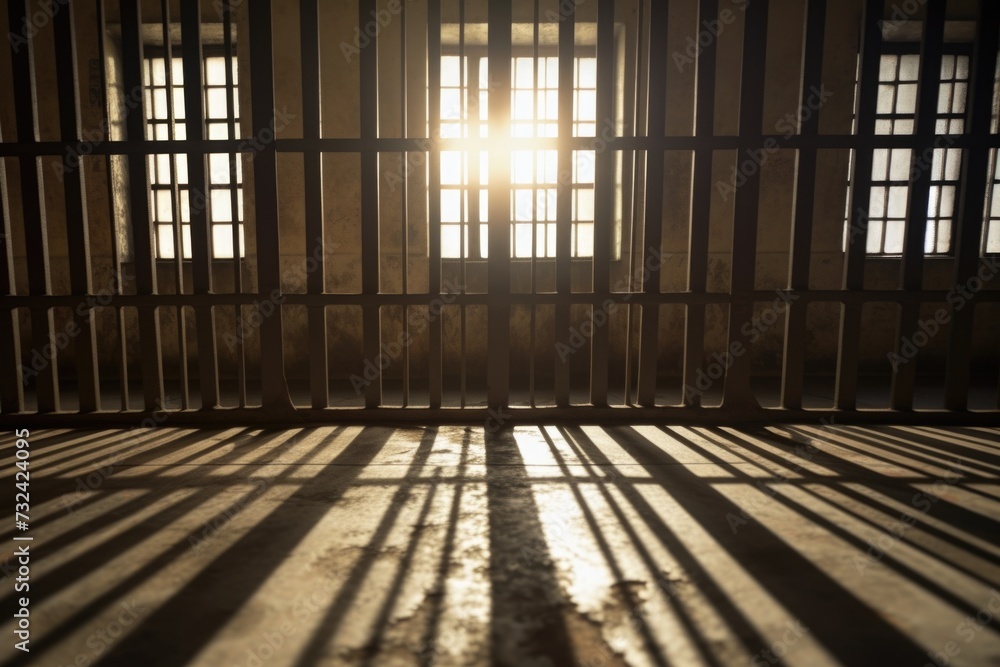Sunlight casts a warm glow through the bars of a jail cell. This image can be used to depict ...