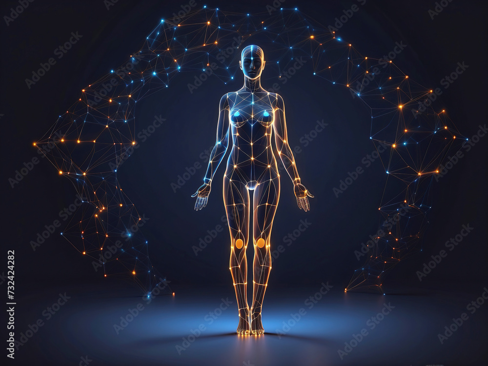 Virtual woman made of glowing geometric pattern and a man holding hand ...