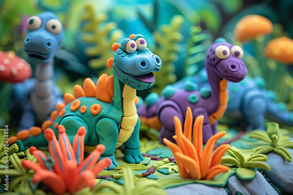 Artistic clay dinosaurs in a colorful jurassic park. Creative ...