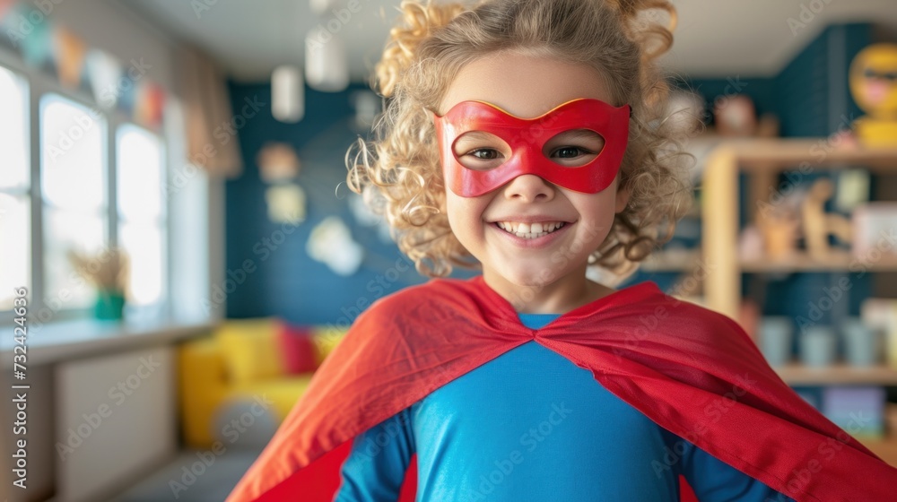 Young girl with curly hair wearing a red superhero mask and a blue cape ...