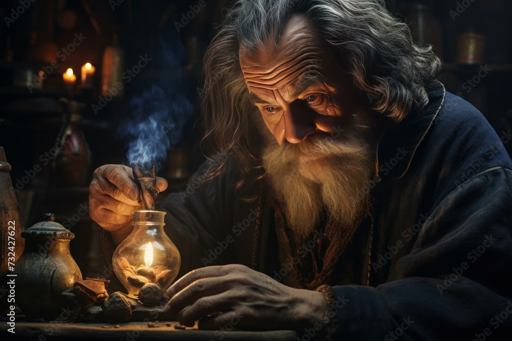 Mysterious Old medieval alchemist. Lab alchemy. Fictional person ...