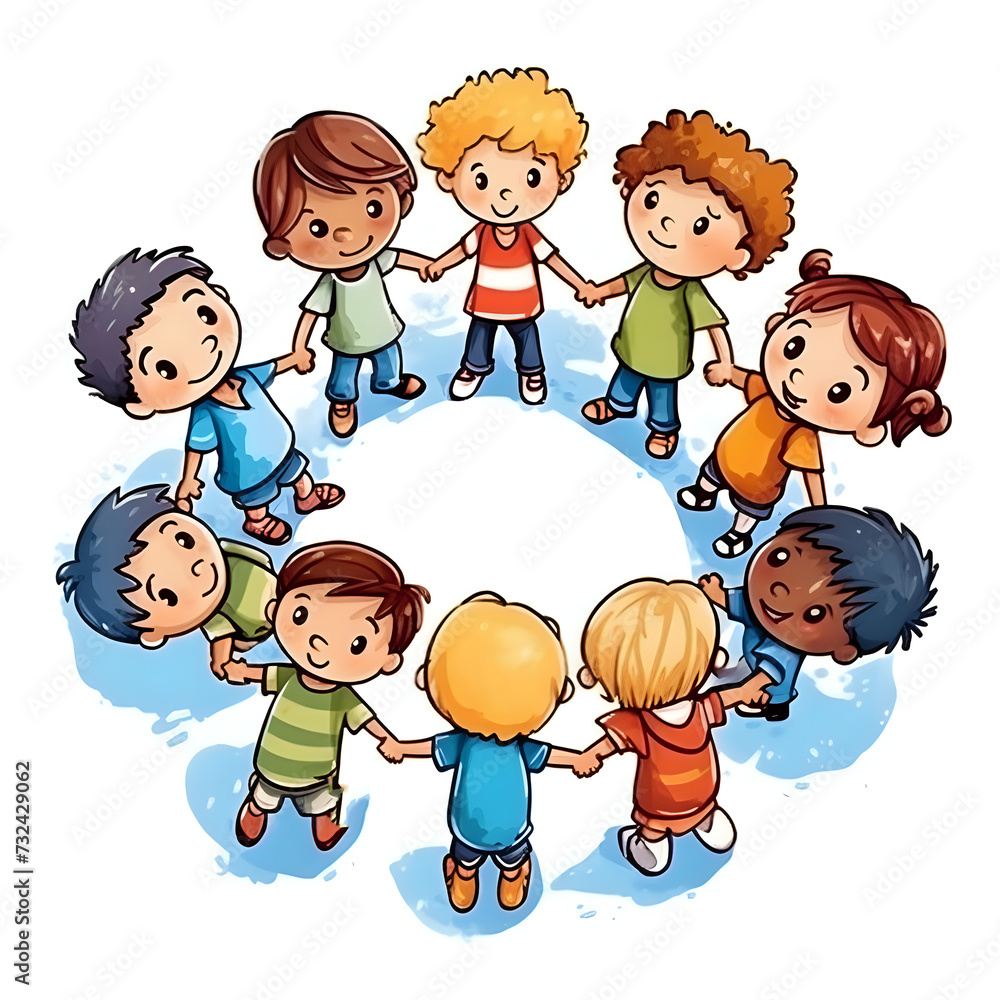 A diverse group of cartoon children holding hands in a circle ...