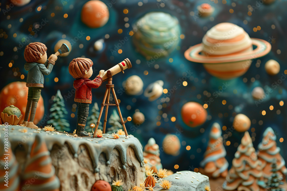 Handmade clay children with telescope on a wintry planet. Claymation ...