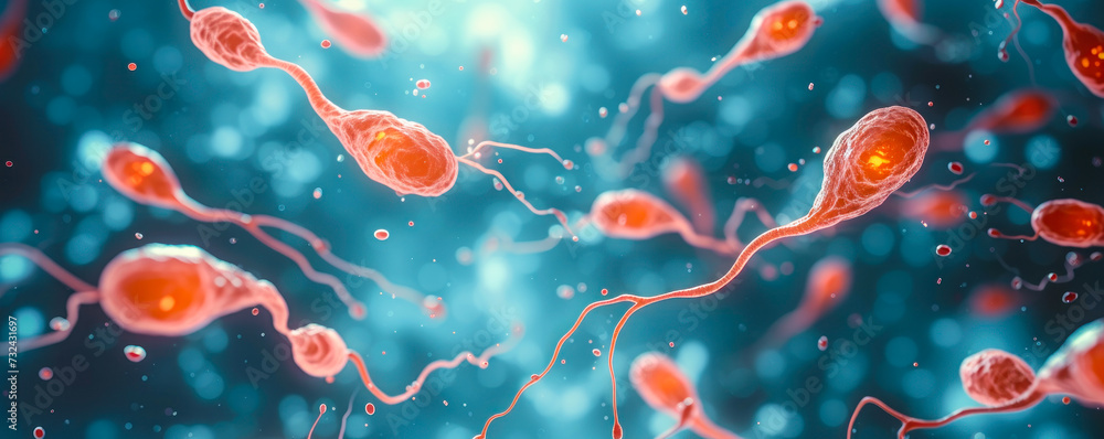 Detailed microscopic view of human sperm cells swimming actively ...