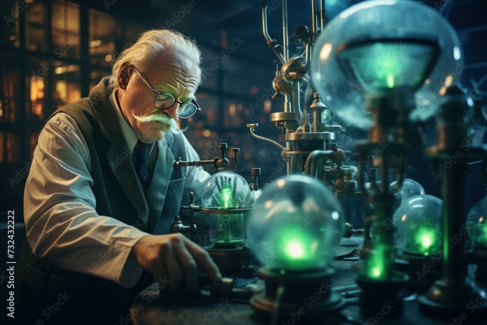 Old futuristic scientist lab. Business information. Fictional person ...