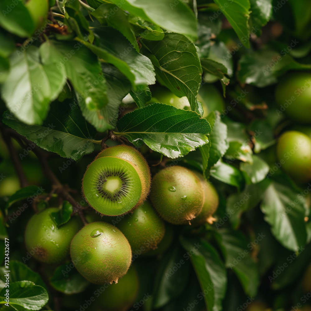 récolte de kiwi dans son arbre liane. Un kiwi est coupé et montre ses ...