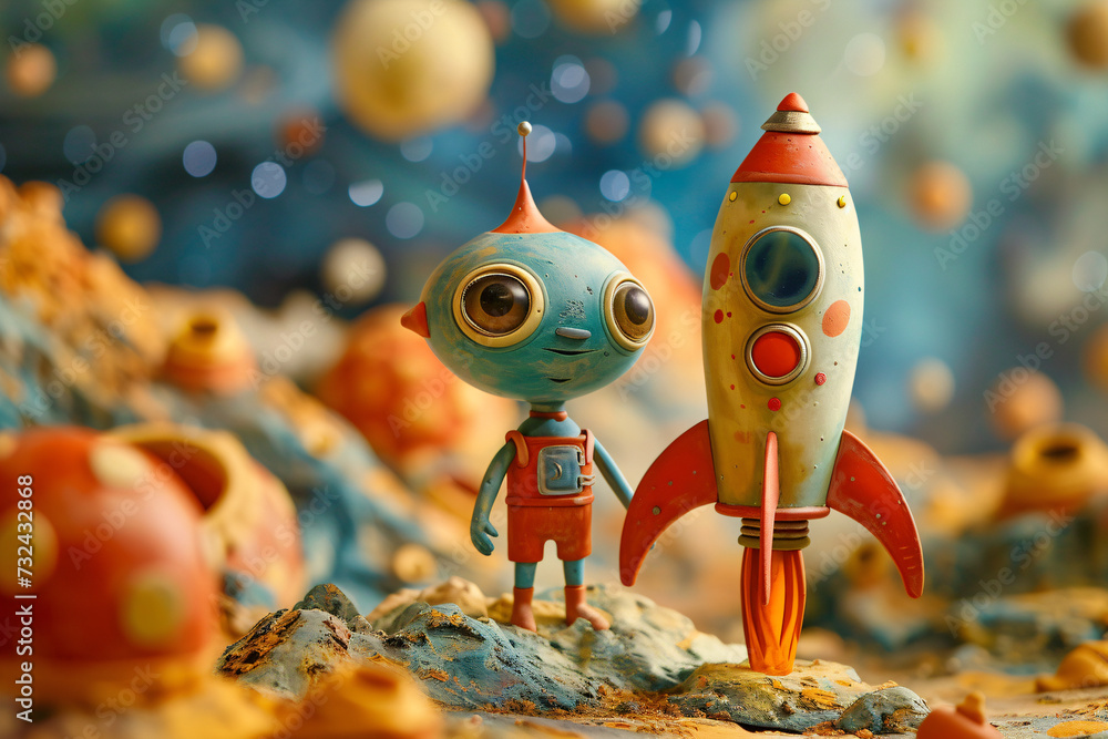 Claymation alien with a spaceship on a textured interstellar backdrop ...