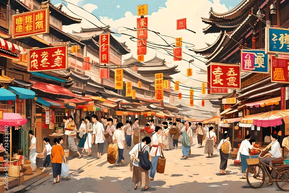 A lively street scene in a bustling Asian metropolis, with colorful ...