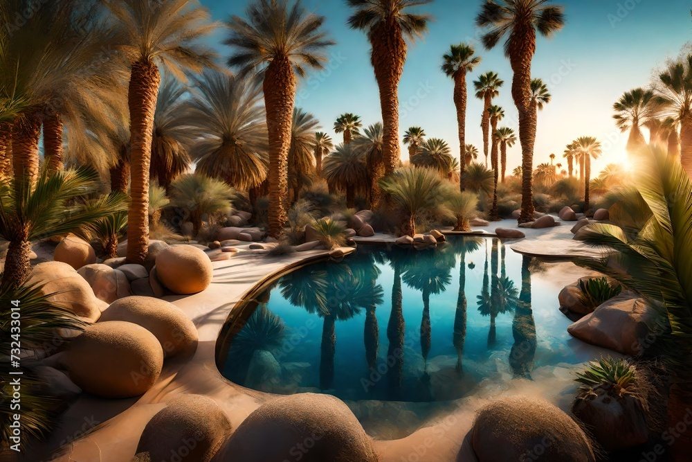 A tranquil desert oasis, with palm trees swaying in the breeze, a ...