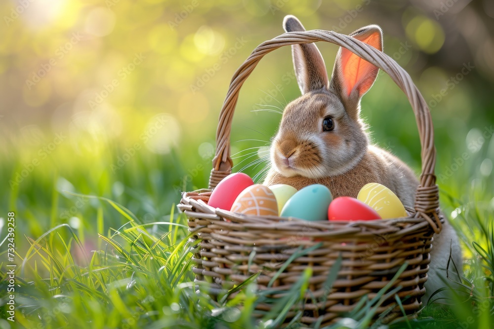 Happy Easter Eggs Basket well wish. Bunny in flower easter garden decor ...