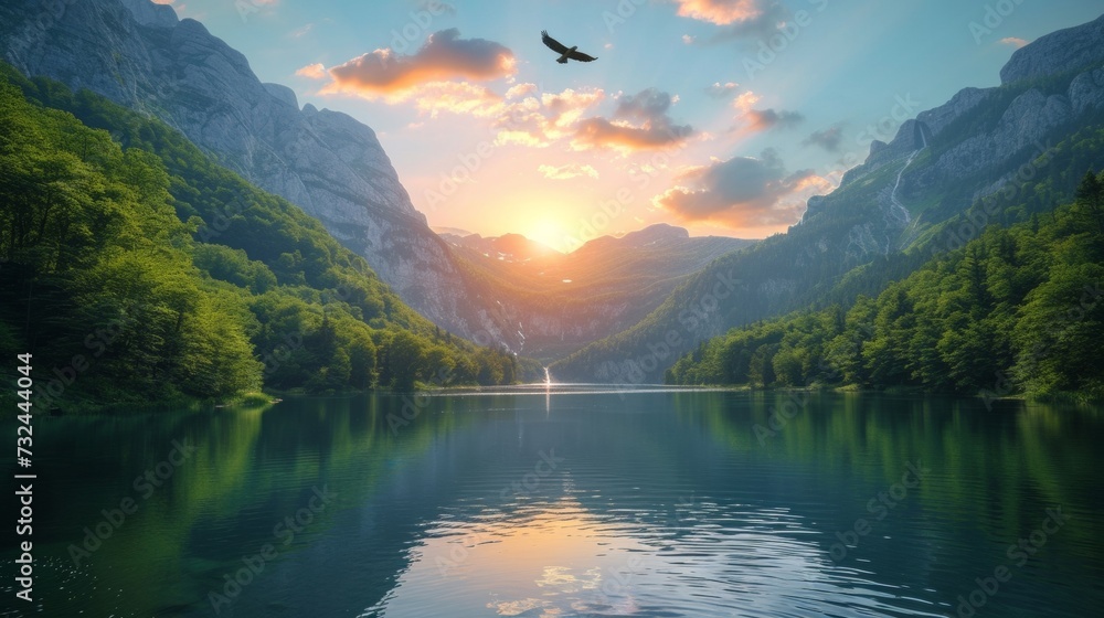 The riverine ecosystem thrives as the hydroelectric dam generates clean ...