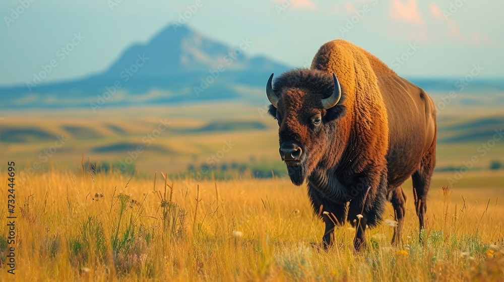 As the bison herd grazes on the open prairie, their silhouettes against ...
