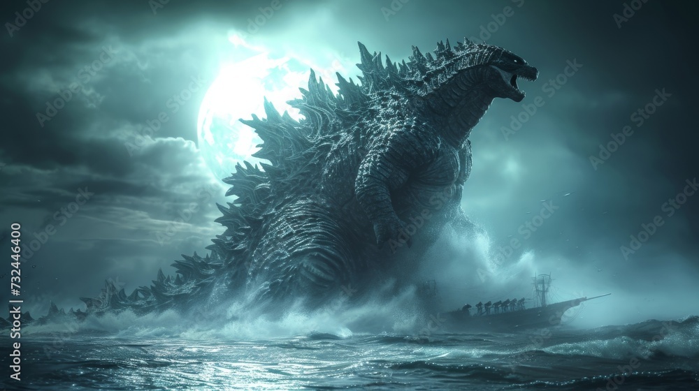 As the full moon casts its eerie glow, Godzilla rises from the depths ...