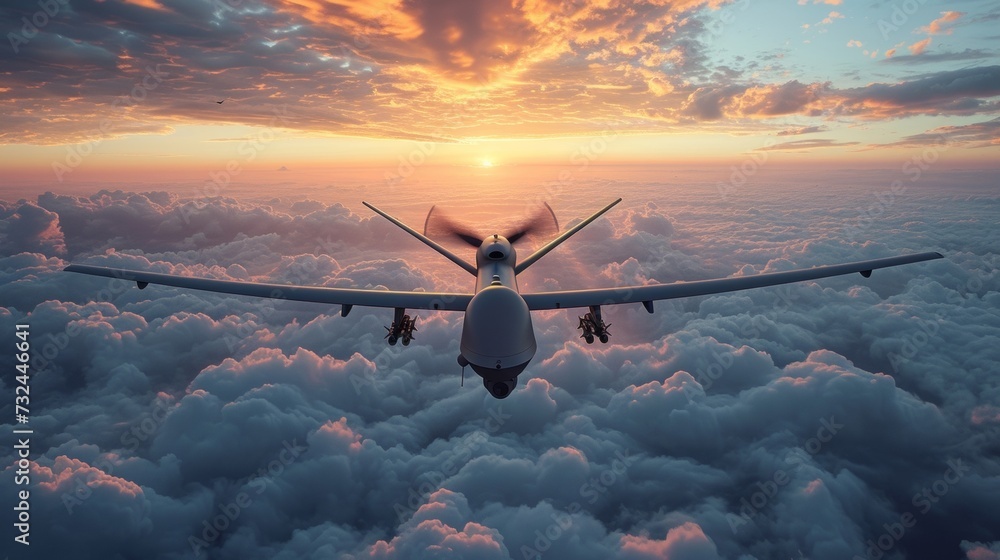 The unmanned drone, equipped with a high-tech camera, soars above the ...