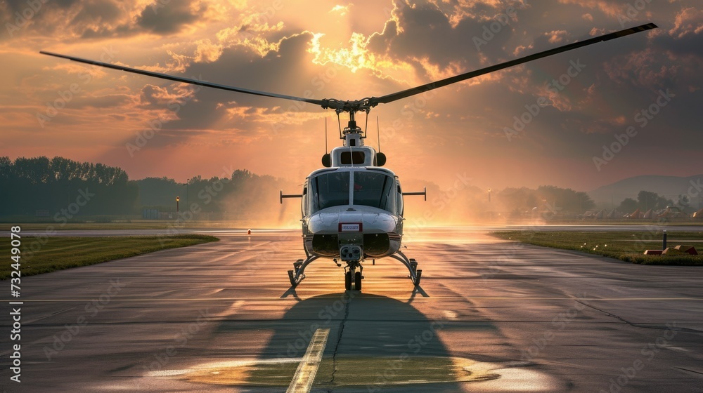 Personal helicopter stand at airport ready to take off. Evening sunset ...
