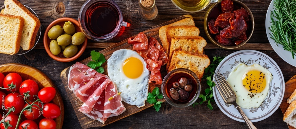 The table is filled with a wide array of food, including various ...